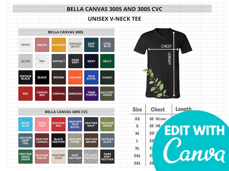 Bella Canvas 3005CVC 3005 CVC 2022 Color Chart Size Chart - Etsy