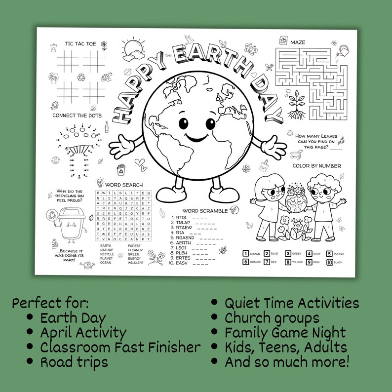 Earth Day Coloring Placemat Printable | Kids Activity Placemat | Earth ...