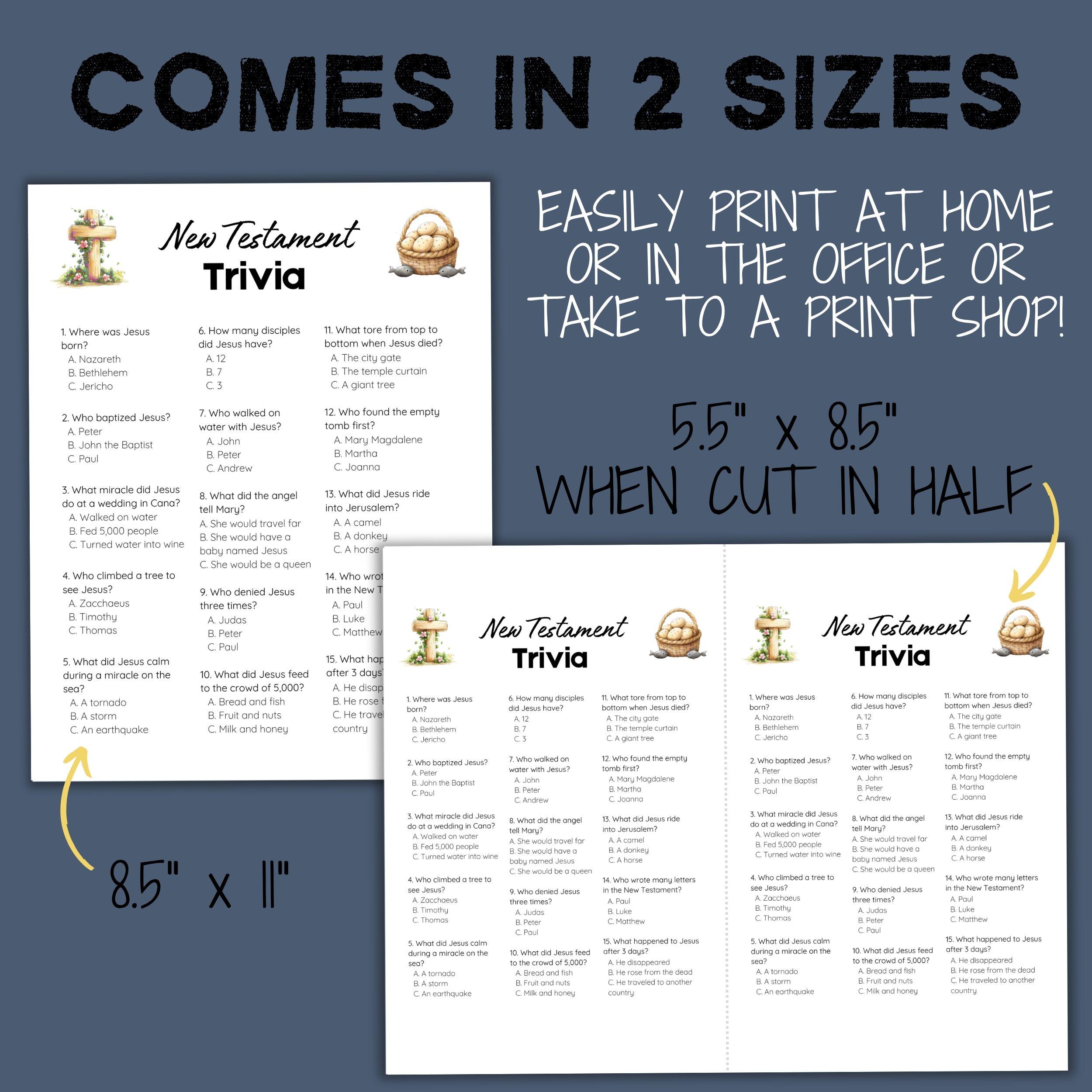 Bible Trivia Printable for Kids, Old & New Testament Games, Christian ...