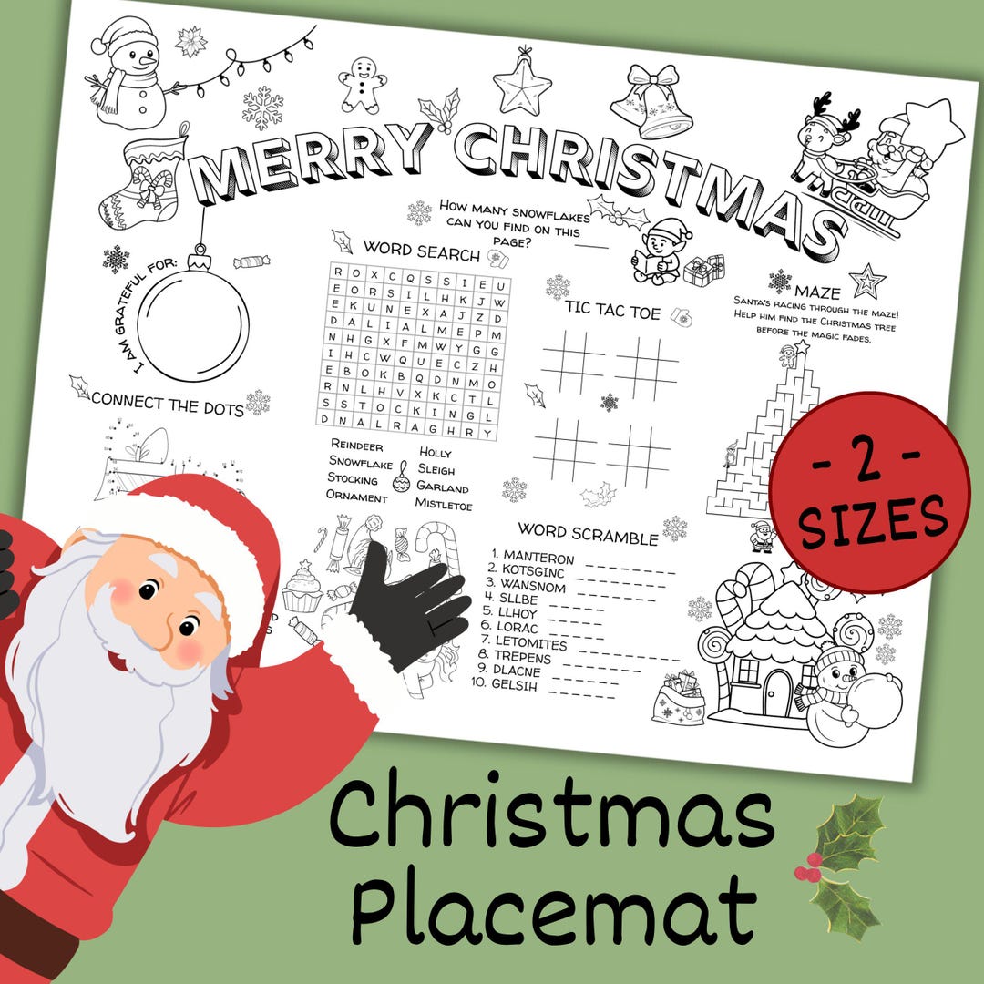 Printable Christmas Coloring Placemat | Kids Holiday Activity Mat | 2 ...