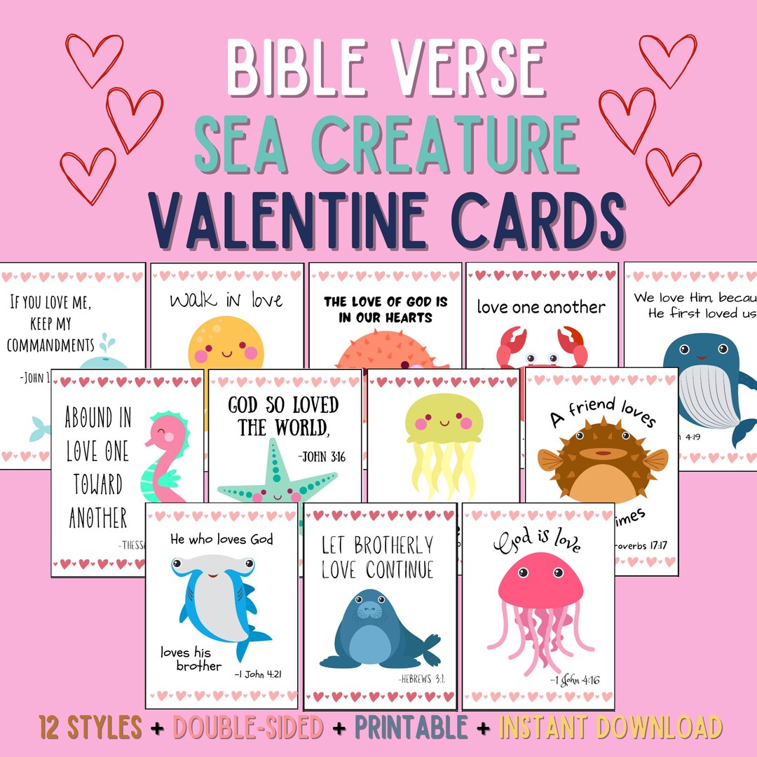 Sea Creature Valentines | Printable Bible Verse Cards (digital Download ...