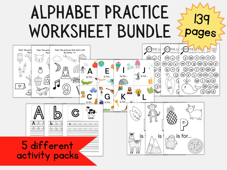 Alphabet Practice Worksheets Bundle ABC Reading Writing Kids Learning ...