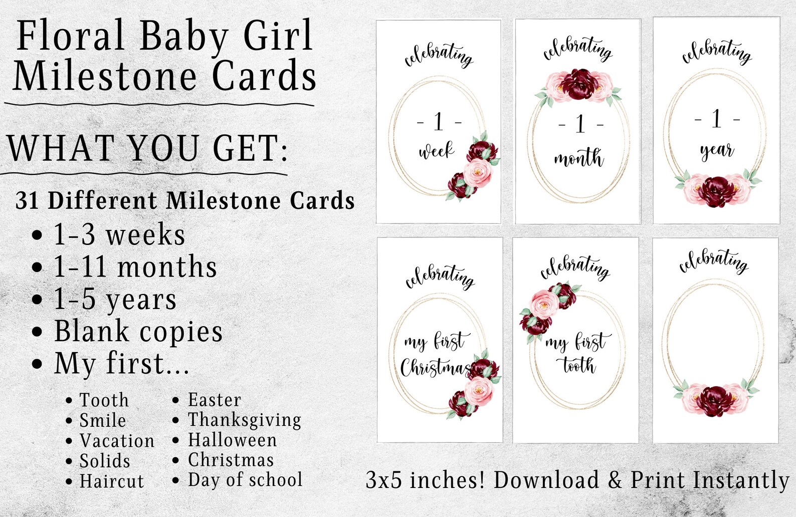 Baby Girl Milestone Cards Printable Floral Milestone Cards | Etsy
