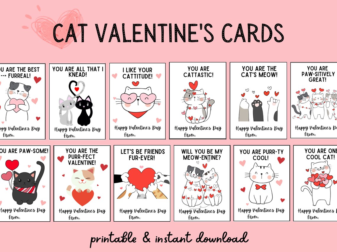 Cute Cat Valentines Day Cards Printable Cat Valentines for Kids Kitty ...