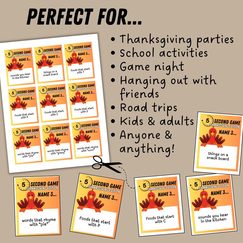 Thanksgiving Edition | 5 Second Game – 99 Game Cards | Fun Holiday ...
