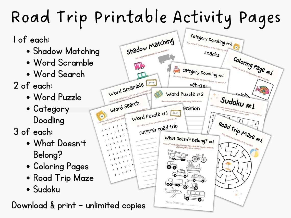 Road Trip Activity Printables | Travel Kid Games Bundle | Printable ...