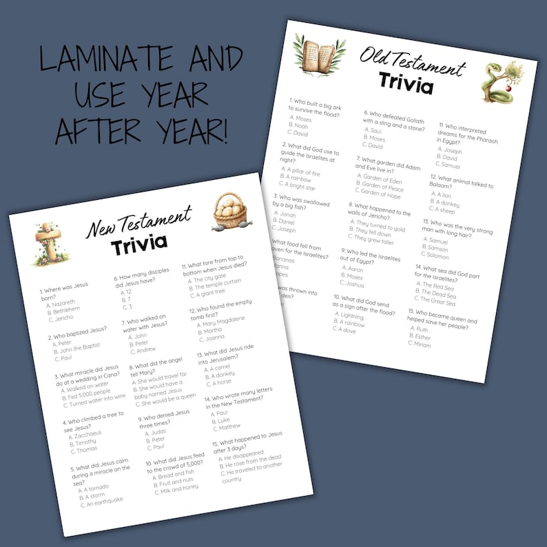 Bible Trivia Printable for Kids, Old & New Testament Games, Christian ...