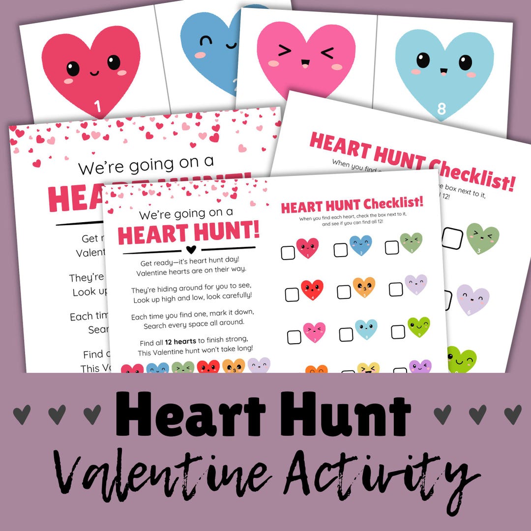 Printable Valentine’s Heart Hunt Game | Valentine Scavenger Hunt for ...