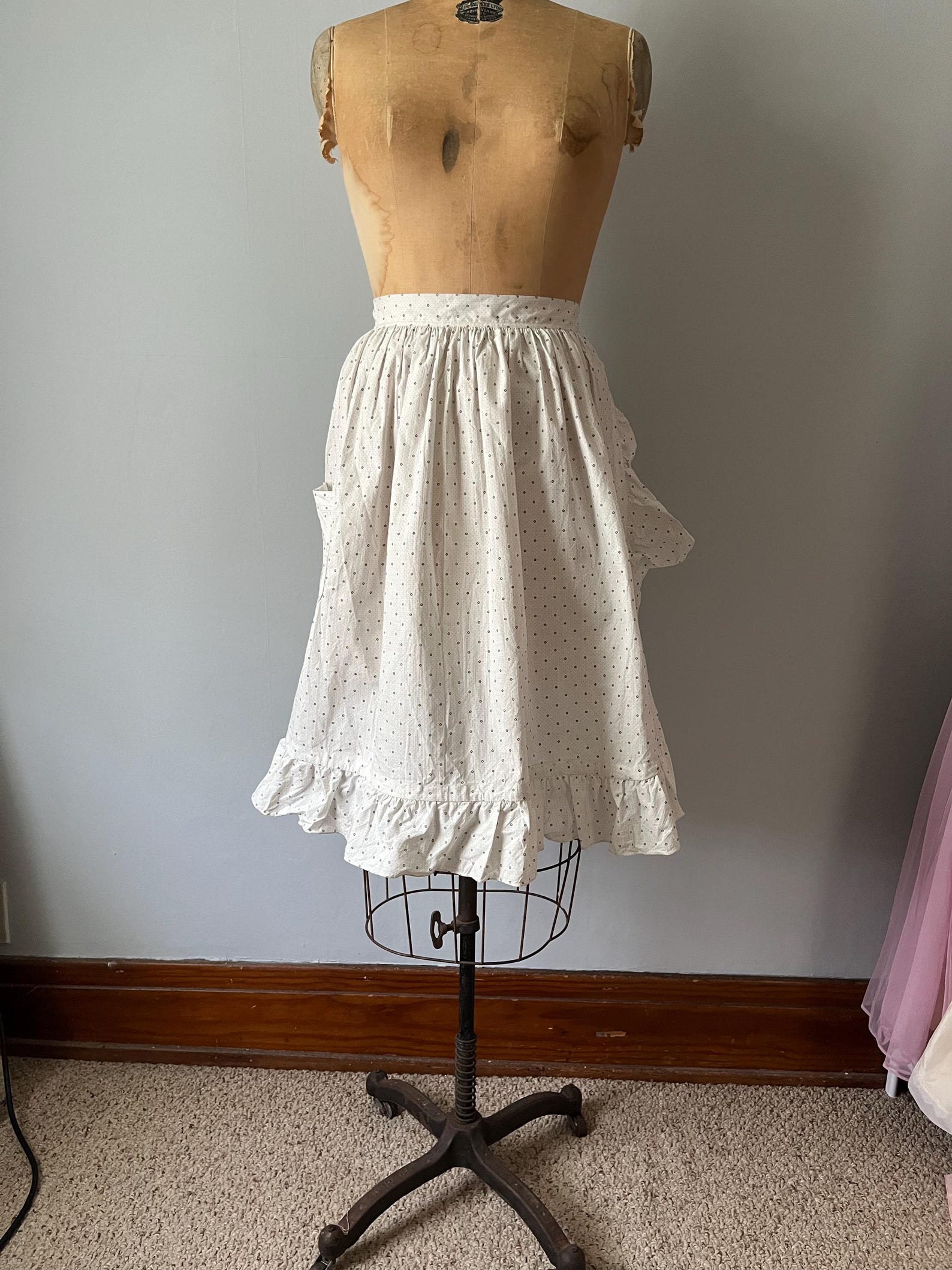 Antique 1900 Edwardian Cotton Black Circles and Dots Half Apron Ruffles ...