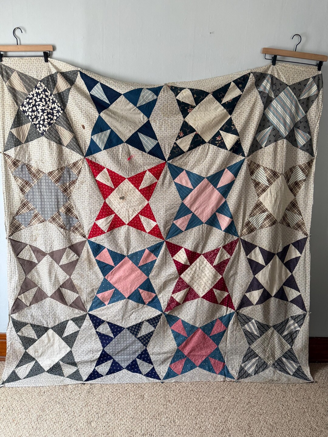 Antique 1900 Hand Stitched String Piece Four Star Hand Stitched Quilt ...