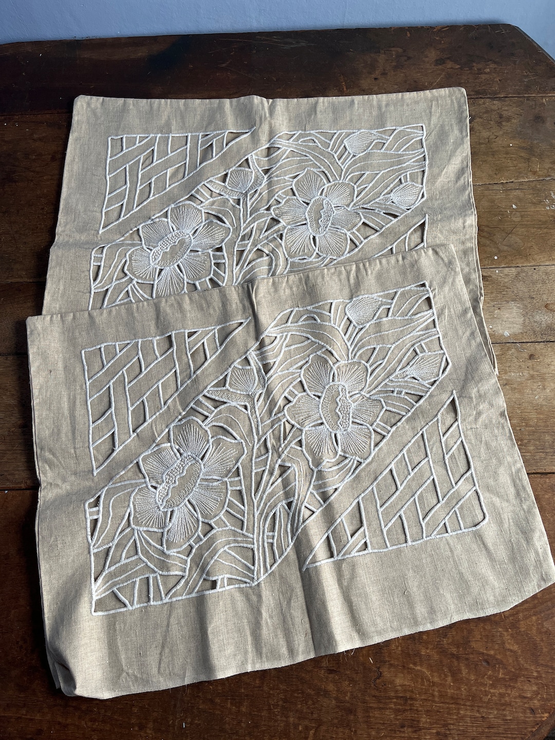 2 Vintage Unfinished Linen Open Embroidered Cutwork Pillow Covers White ...