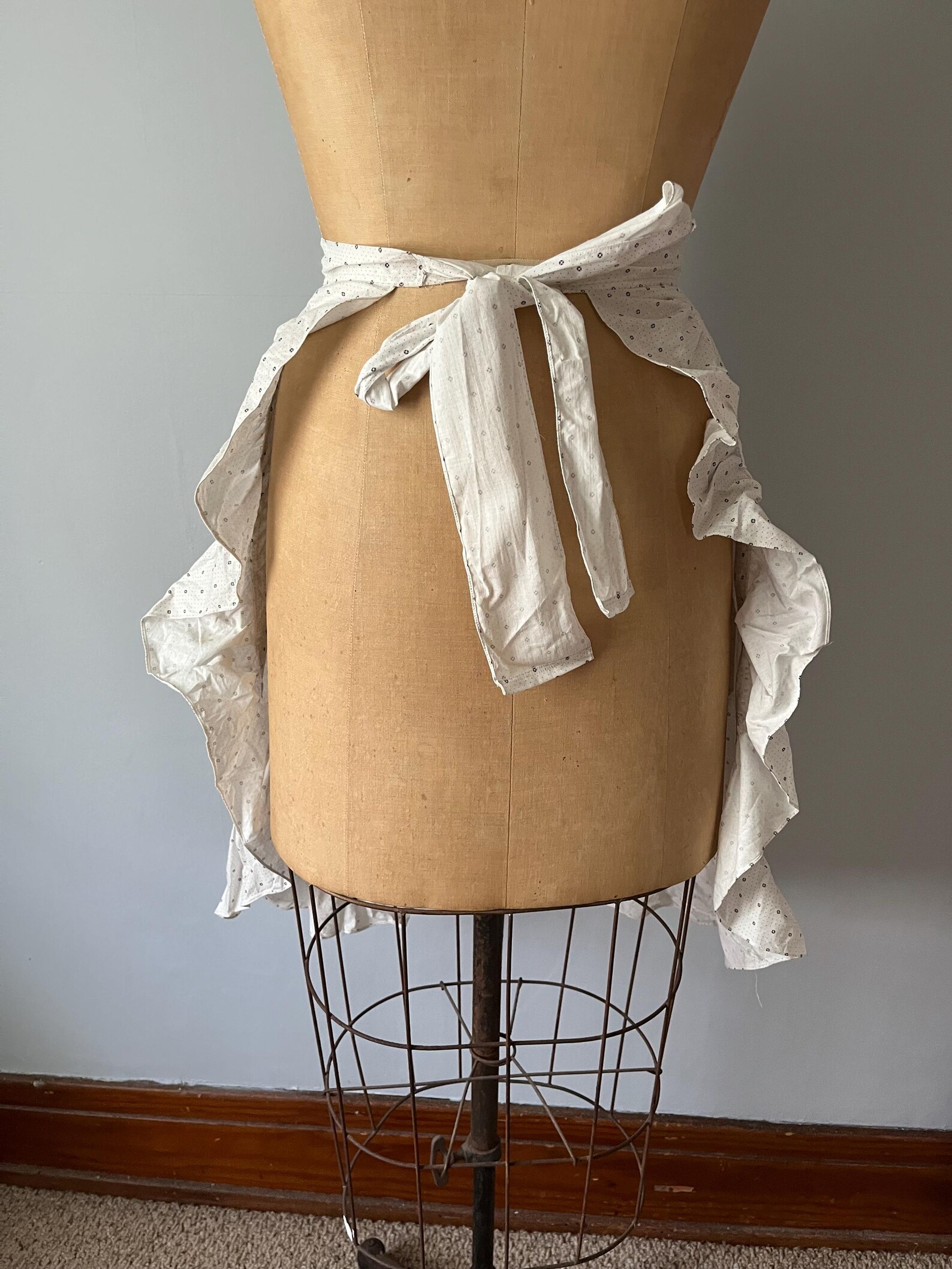 Antique 1900 Edwardian Cotton Black Circles and Dots Half Apron Ruffles ...
