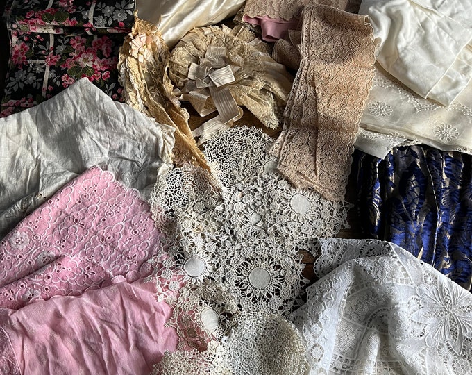 Lot of Vintage Fabric Scraps Trims Crochet Lame Lace Satin Projects ...