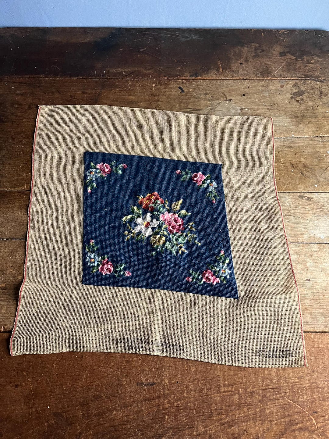 Vintage 1950s Blue Floral Needlepoint - Etsy