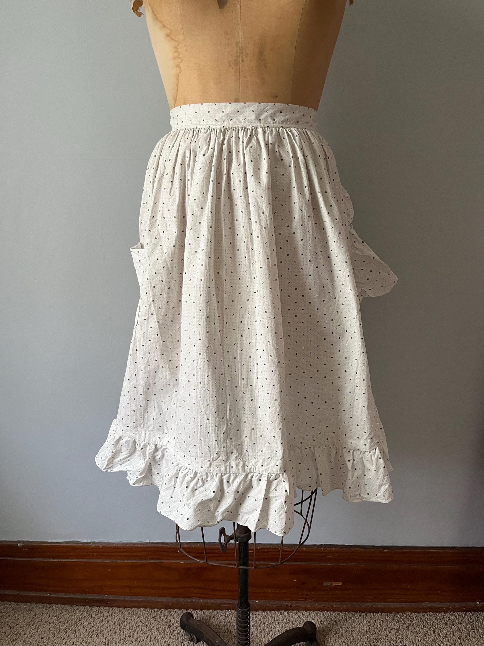 Antique 1900 Edwardian Cotton Black Circles and Dots Half Apron Ruffles ...