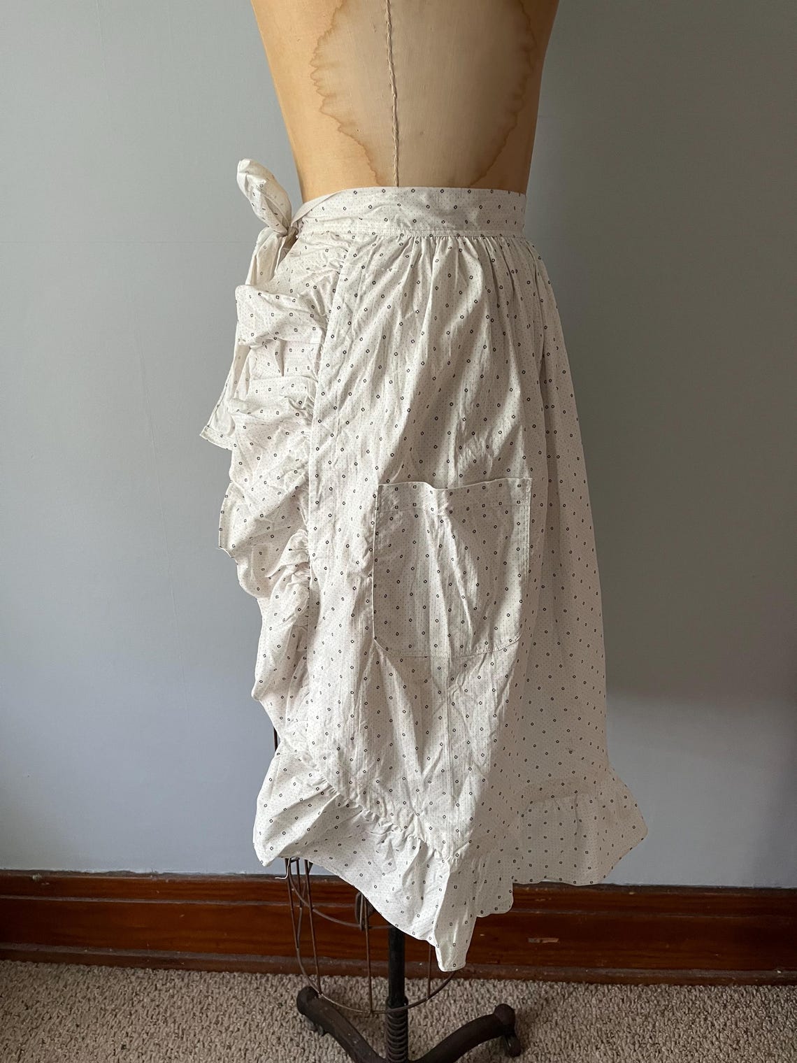 Antique 1900 Edwardian Cotton Black Circles and Dots Half Apron Ruffles ...
