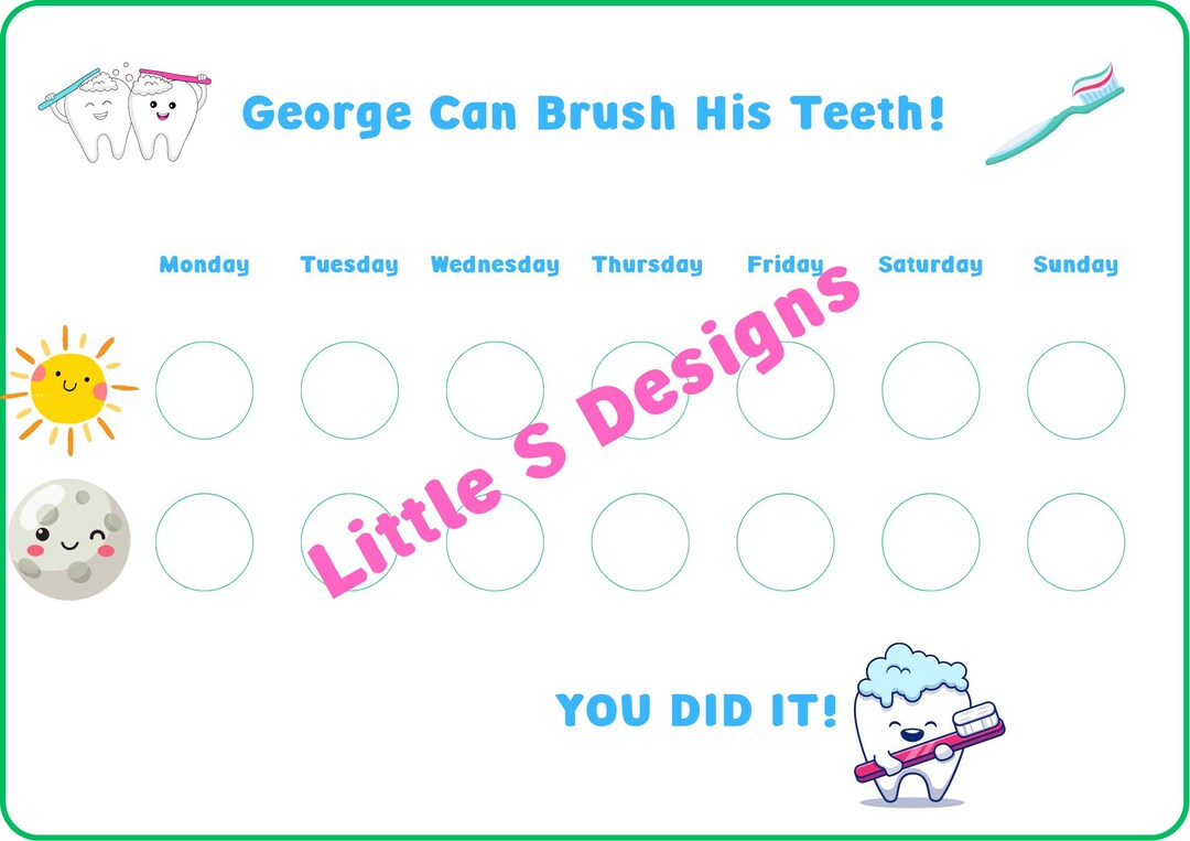 Printable Teeth Brushing Reward Chart, Personalised Chart to Reward ...