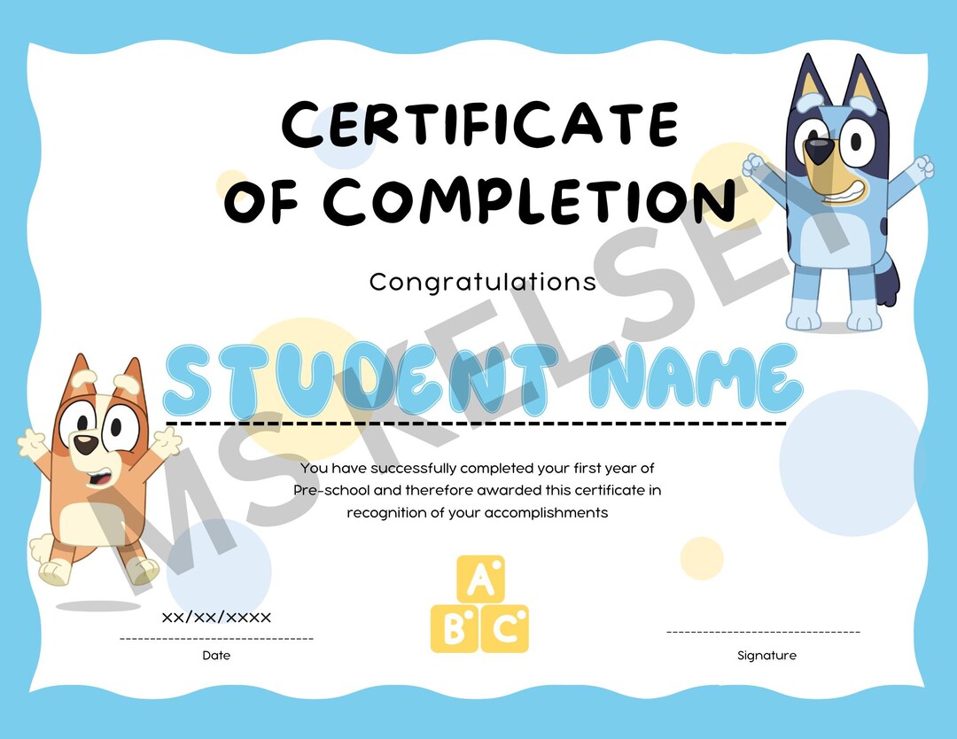 CUSTOMIZABLE Bluey Certificate | Certificate of Completion | Graduation ...
