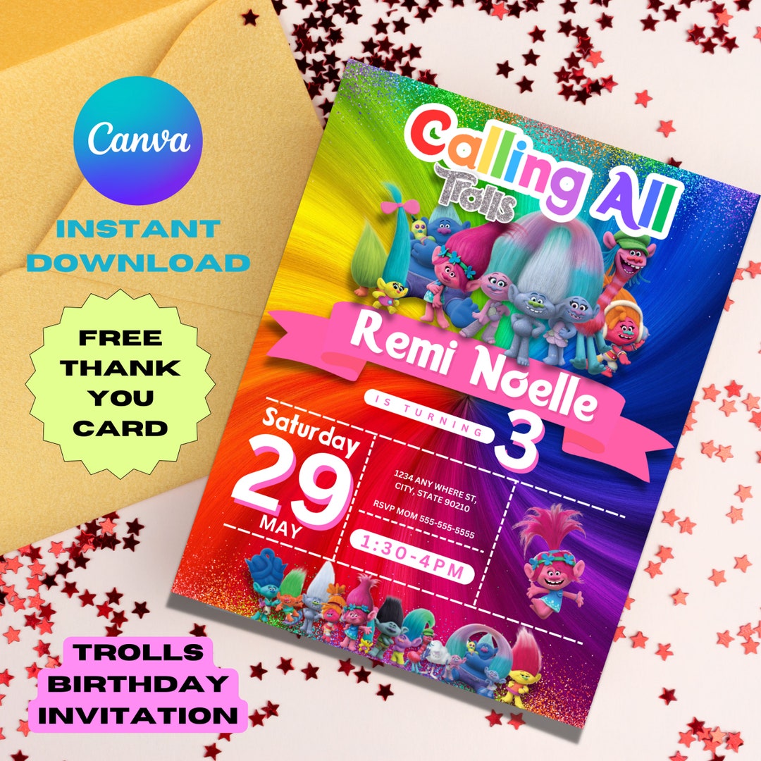 Trolls Birthday Invitation, Birthday Party, Digital Card File, Instant ...