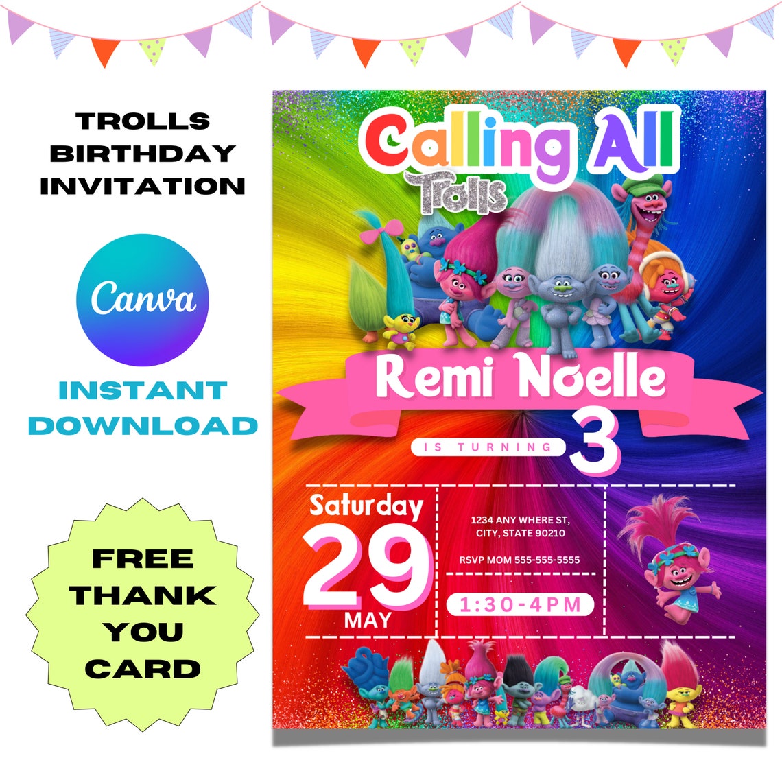 Trolls Birthday Invitation Birthday Party Digital Card File - Etsy