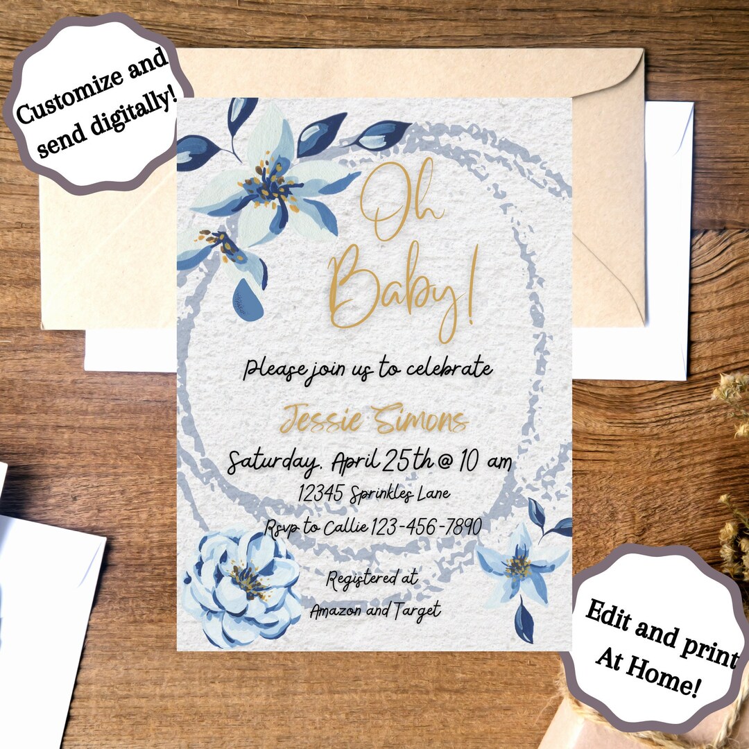 Baby Shower Blue Invitation Template Download Editable - Etsy