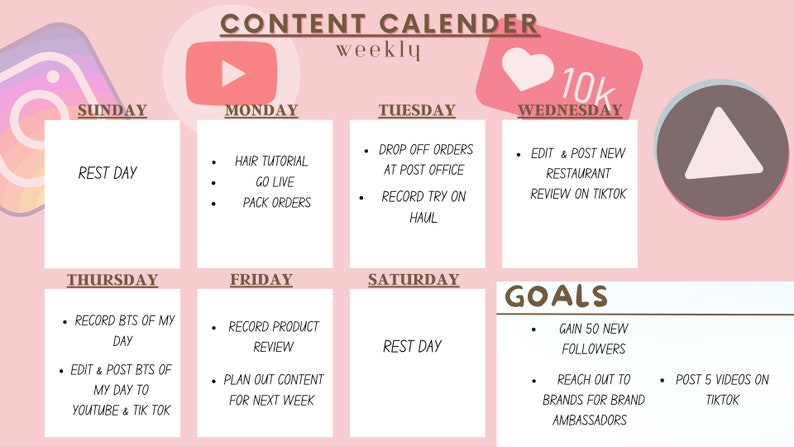 Weekly Content Calendar,content Creator Calendar,content Creator ...