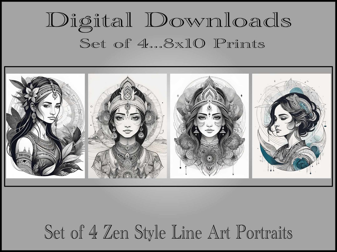 Zen Style Line Art Portraits... Digital Download Prints- Set of 4 ...