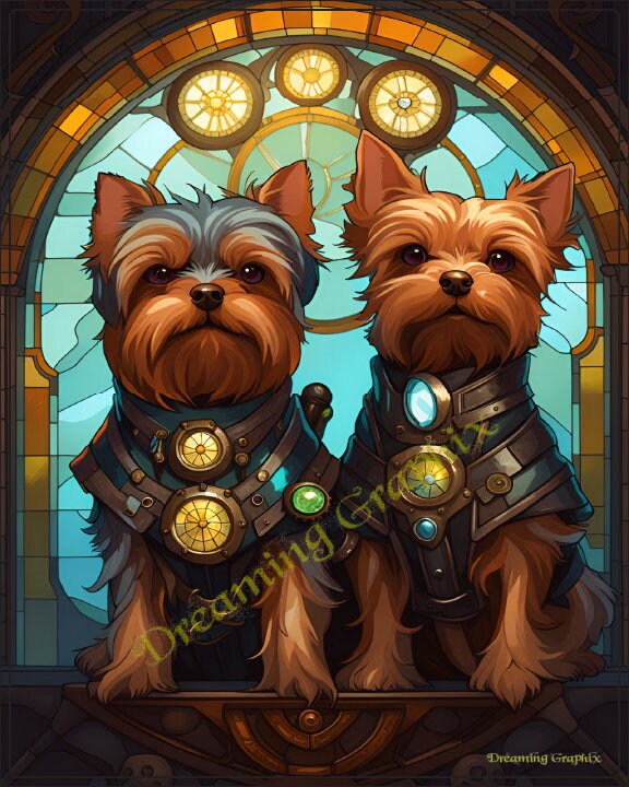 Steampunk Stained Glass Yorkies-digital Download Prints Set of 3 ...