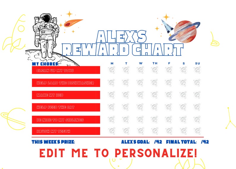 EDITABLE Space Reward Chart | Space Chore Chart | Space Behavior Chart ...