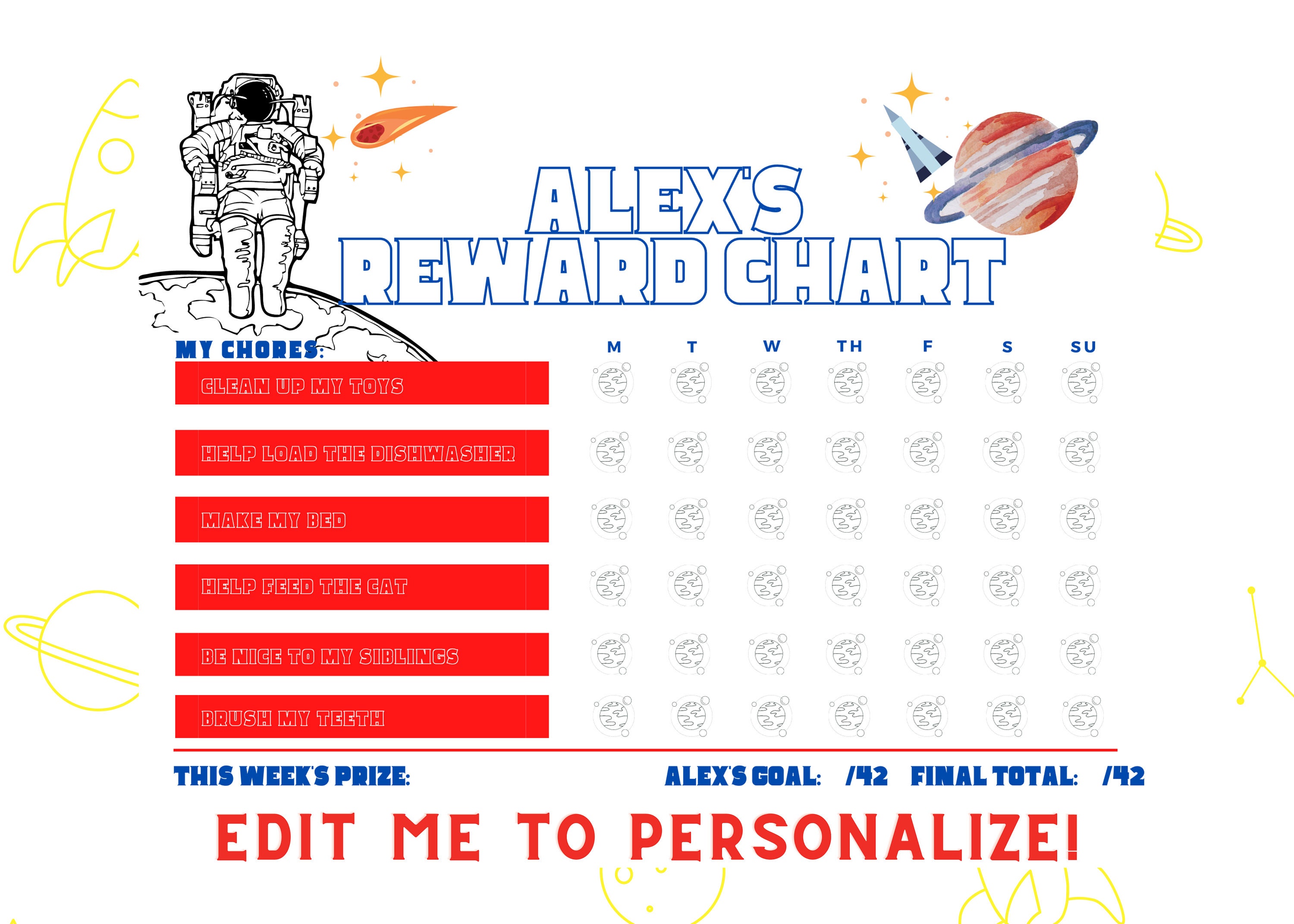 EDITABLE Space Reward Chart | Space Chore Chart | Space Behavior Chart ...