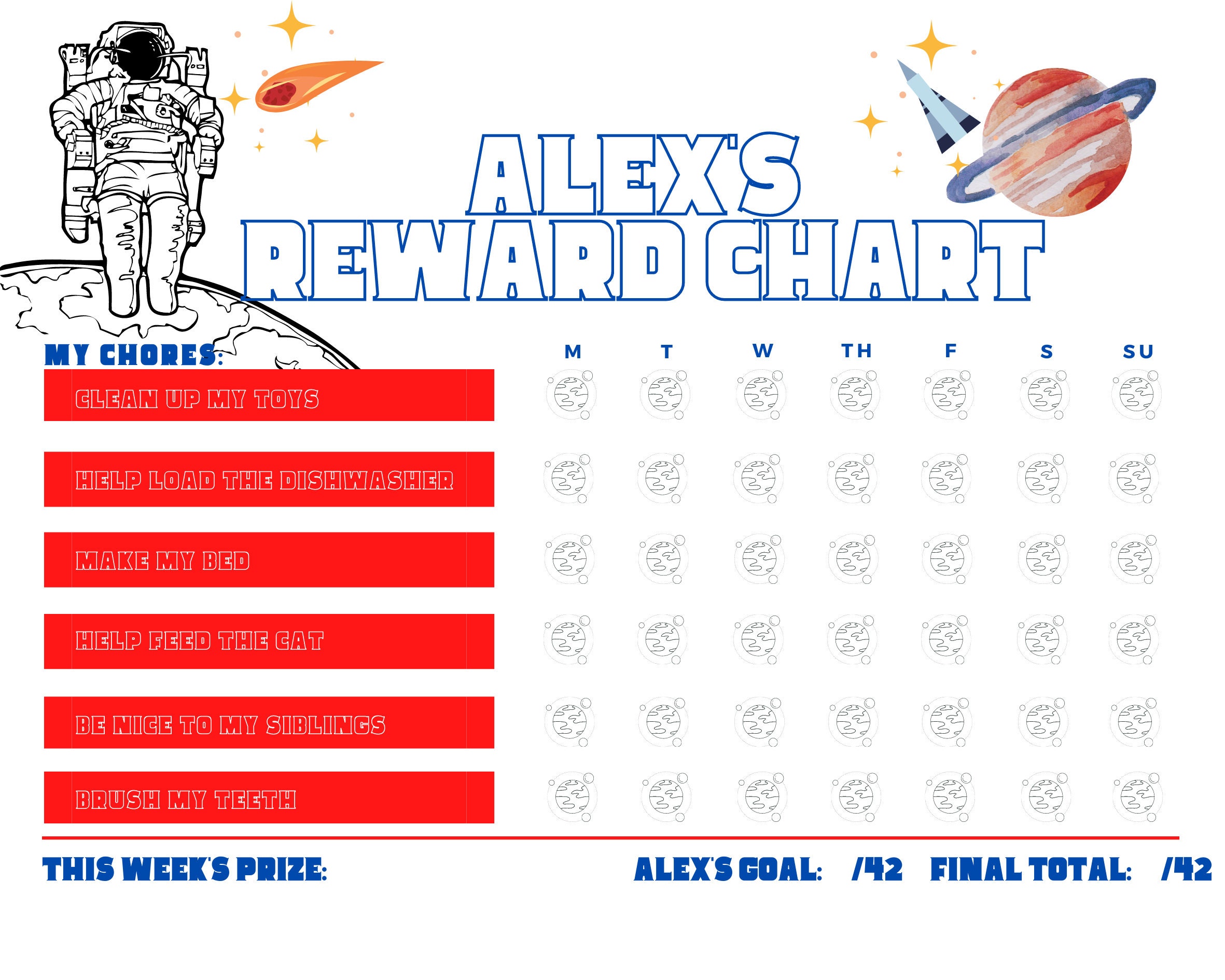 EDITABLE Space Reward Chart | Space Chore Chart | Space Behavior Chart ...