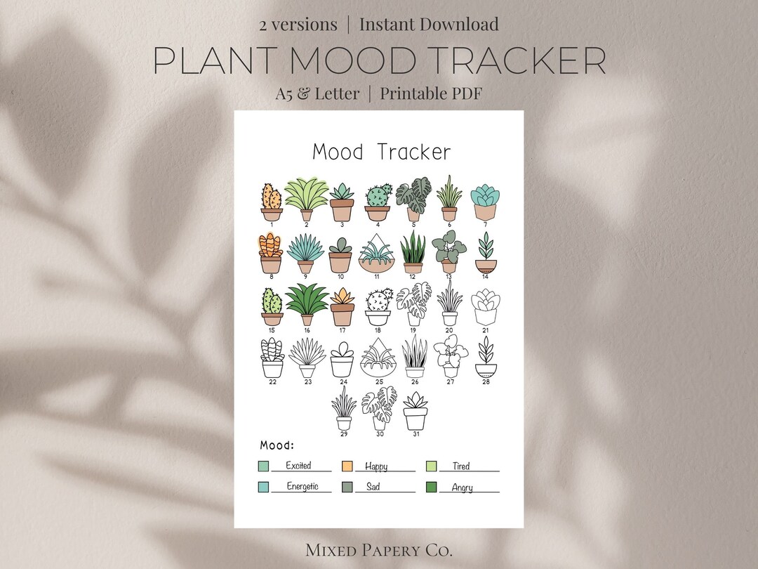 Monthly Mood Tracker, Mood Tracker Printable Plants, Premade Bullet ...
