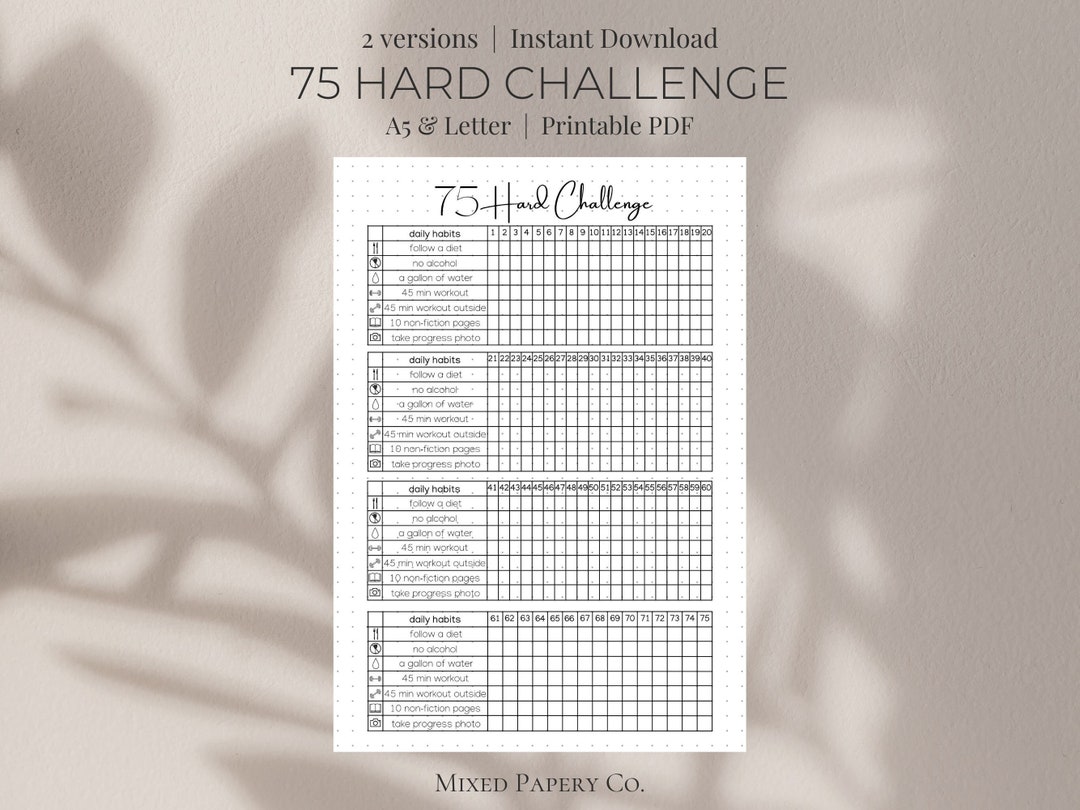 75 Hard Challenge, Tracker Printable, 75 Hard Bullet Journal Page, A5 ...