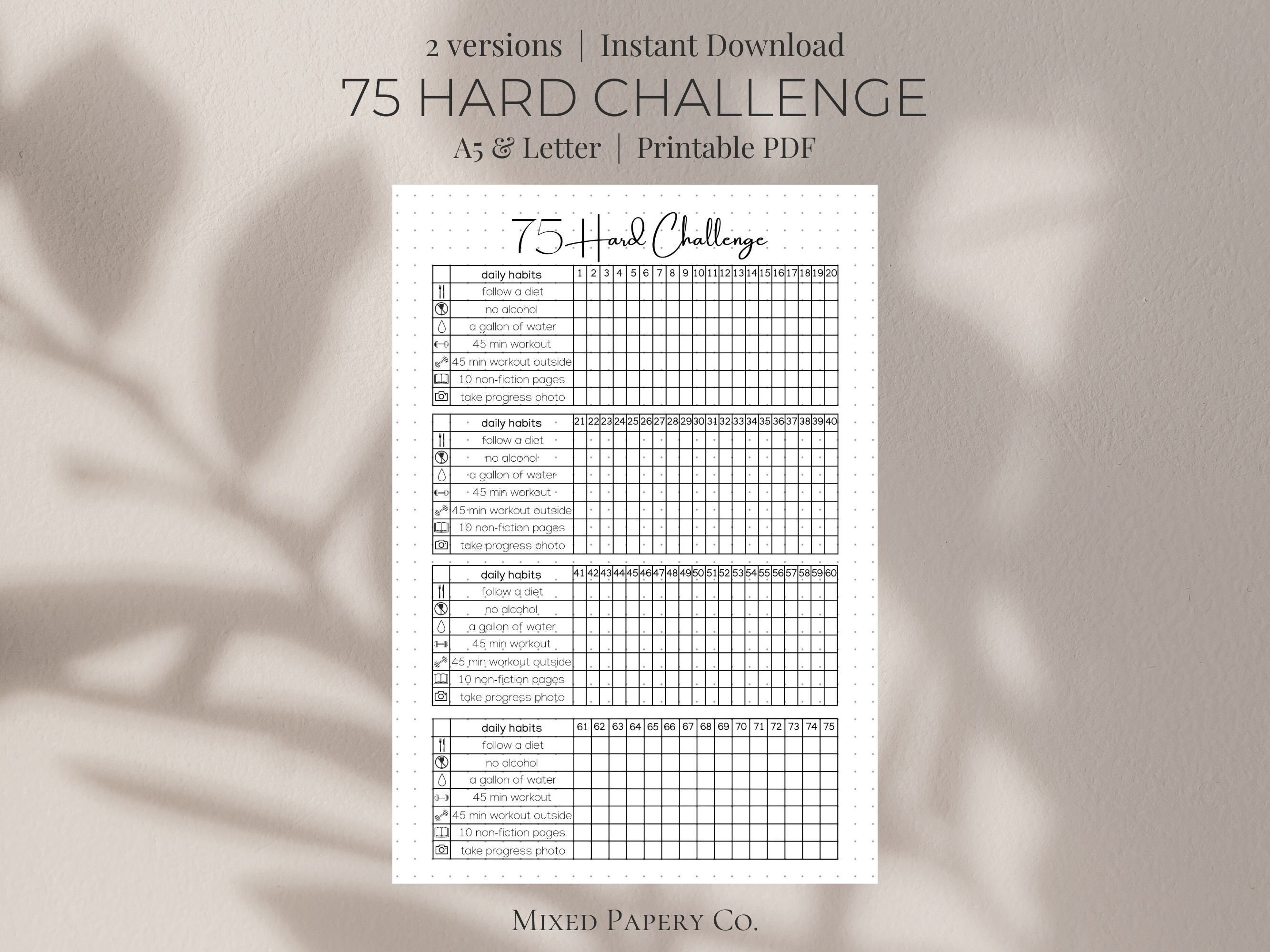 75 Hard Challenge, Tracker Printable, 75 Hard Bullet Journal Page, A5 ...