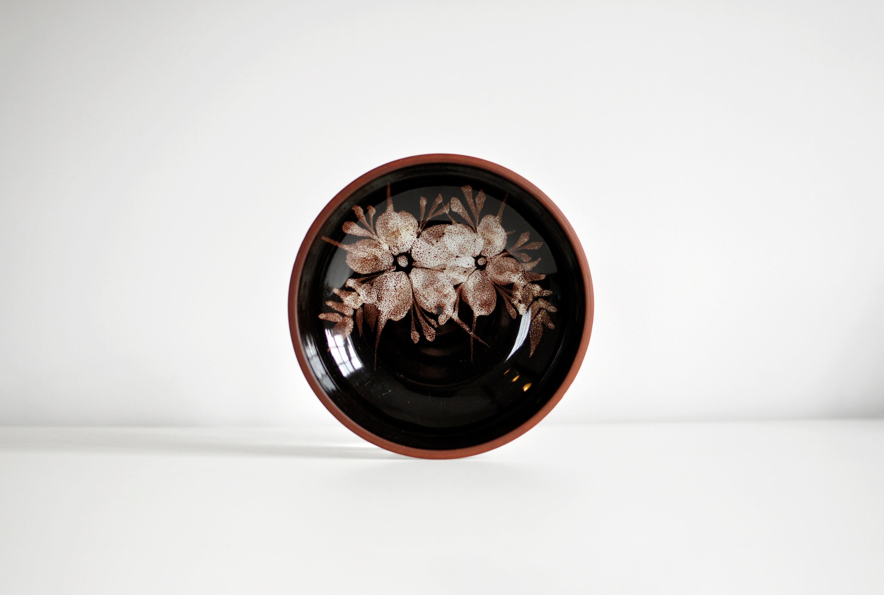 Floral Tenby Pottery Bowl With Gloss Brown Glaze | 1970s Glazed Rustic ...