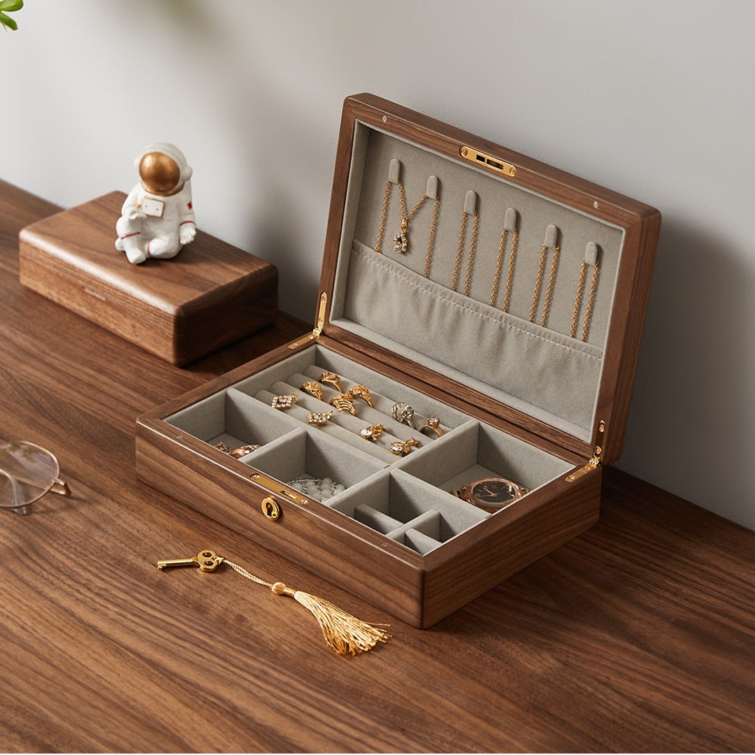 Walnut Wood Jewelry Box: Solid Wood Wedding Gift, Ring & Necklace ...