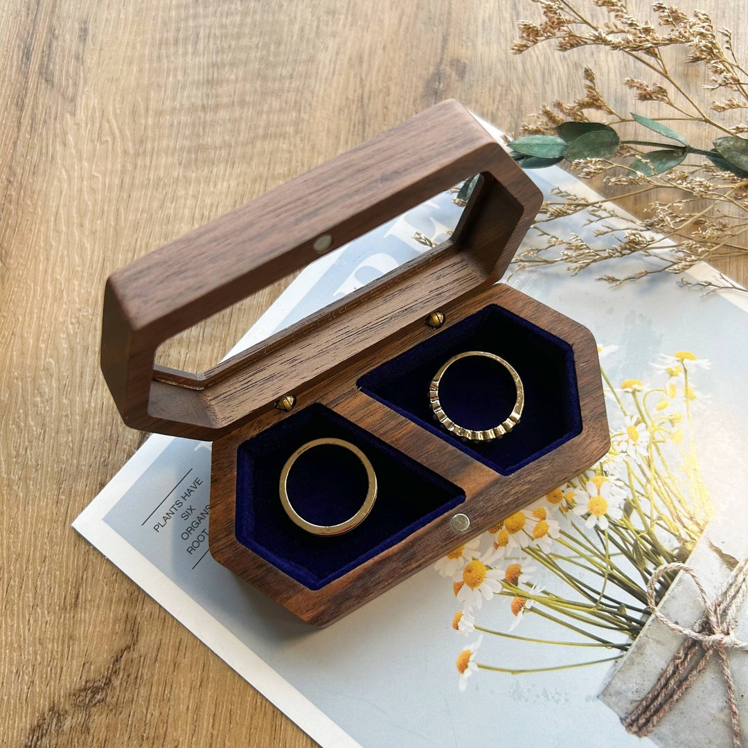 Dark Blue Velvet Inlay Wedding Ring Box, Custom Engraved Wood Ring ...