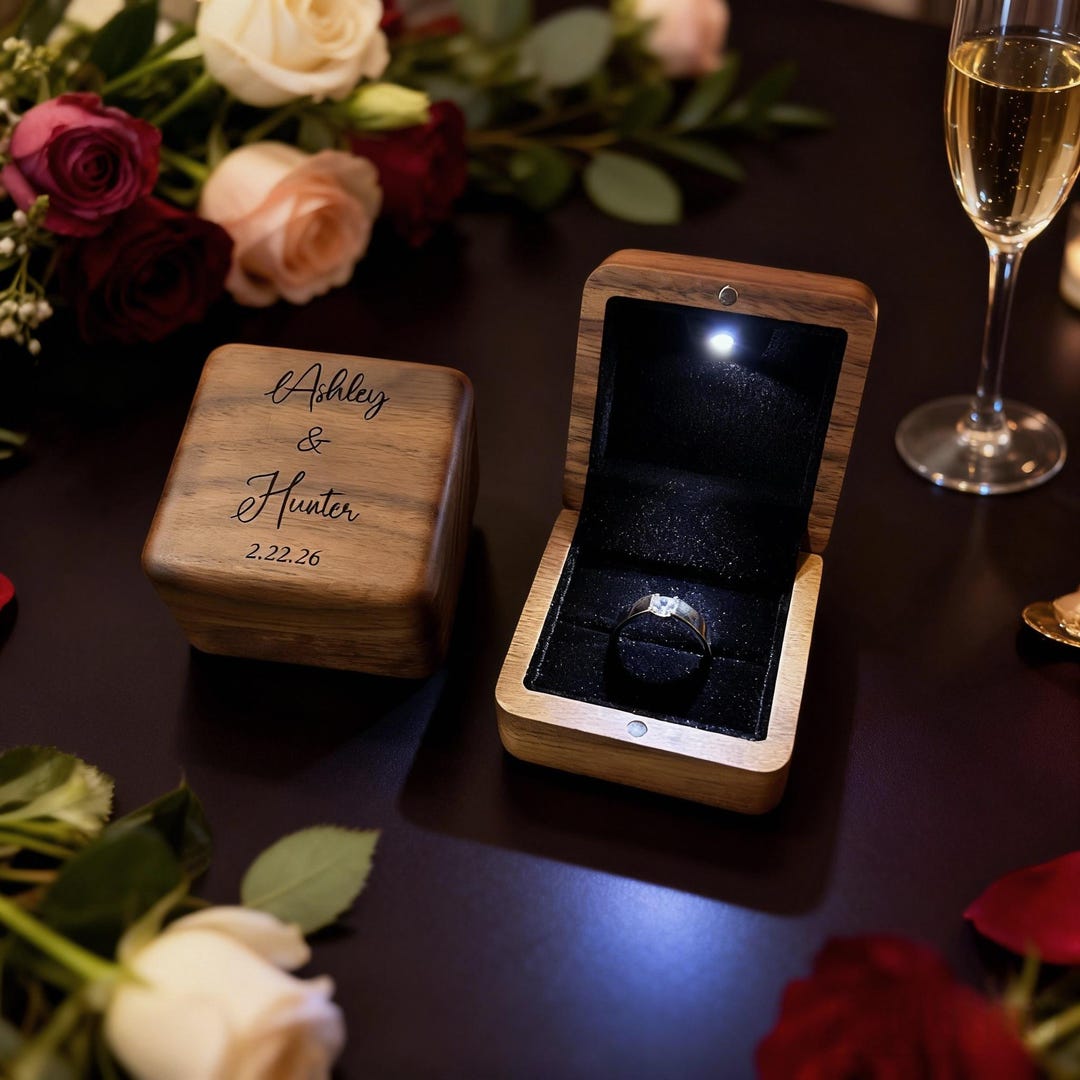 Custom LED Engagement Ring Box With Light, Personalized Wedding Ring ...