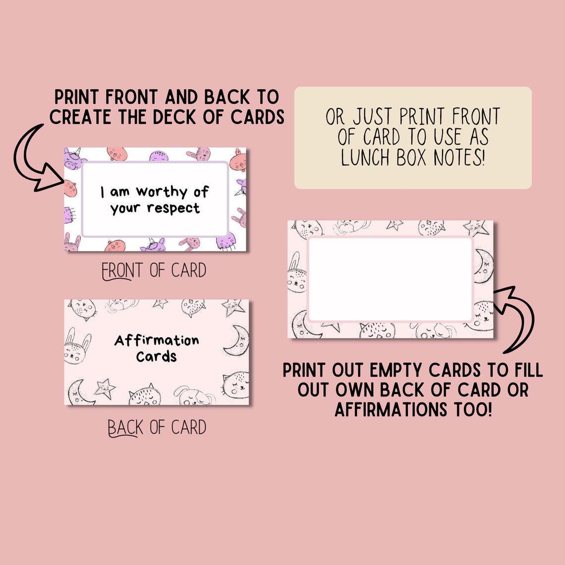 50 Mini Affirmations for Kids Card Deck in CUTE DOODLES Lunch Box Notes ...