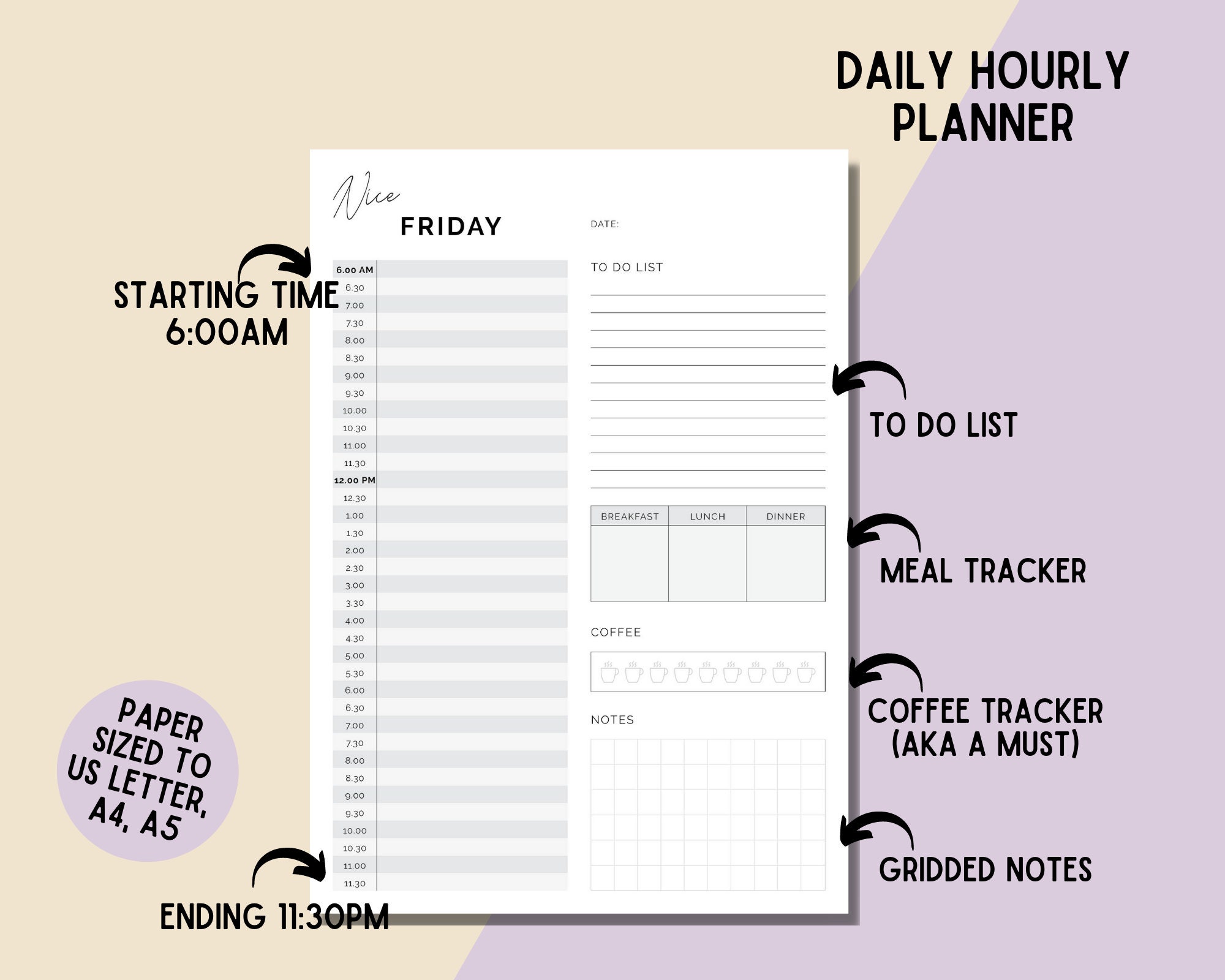 Daily Hourly Planner Printable Instant Download Hourly Spread, Time ...