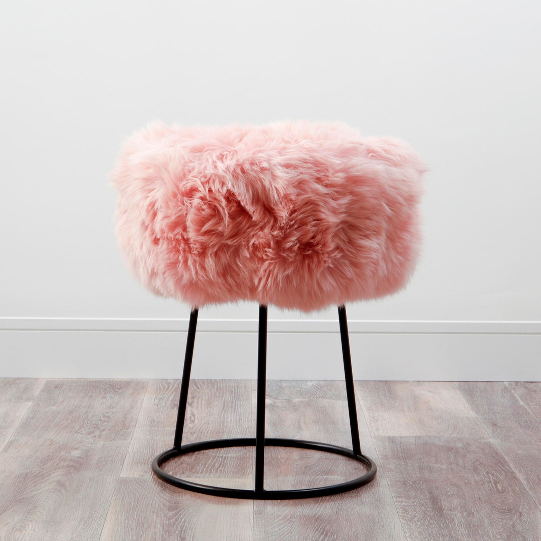 Blush Pink Metal Sheepskin Stool Black Legs Fur Stool Vanity Dresser ...