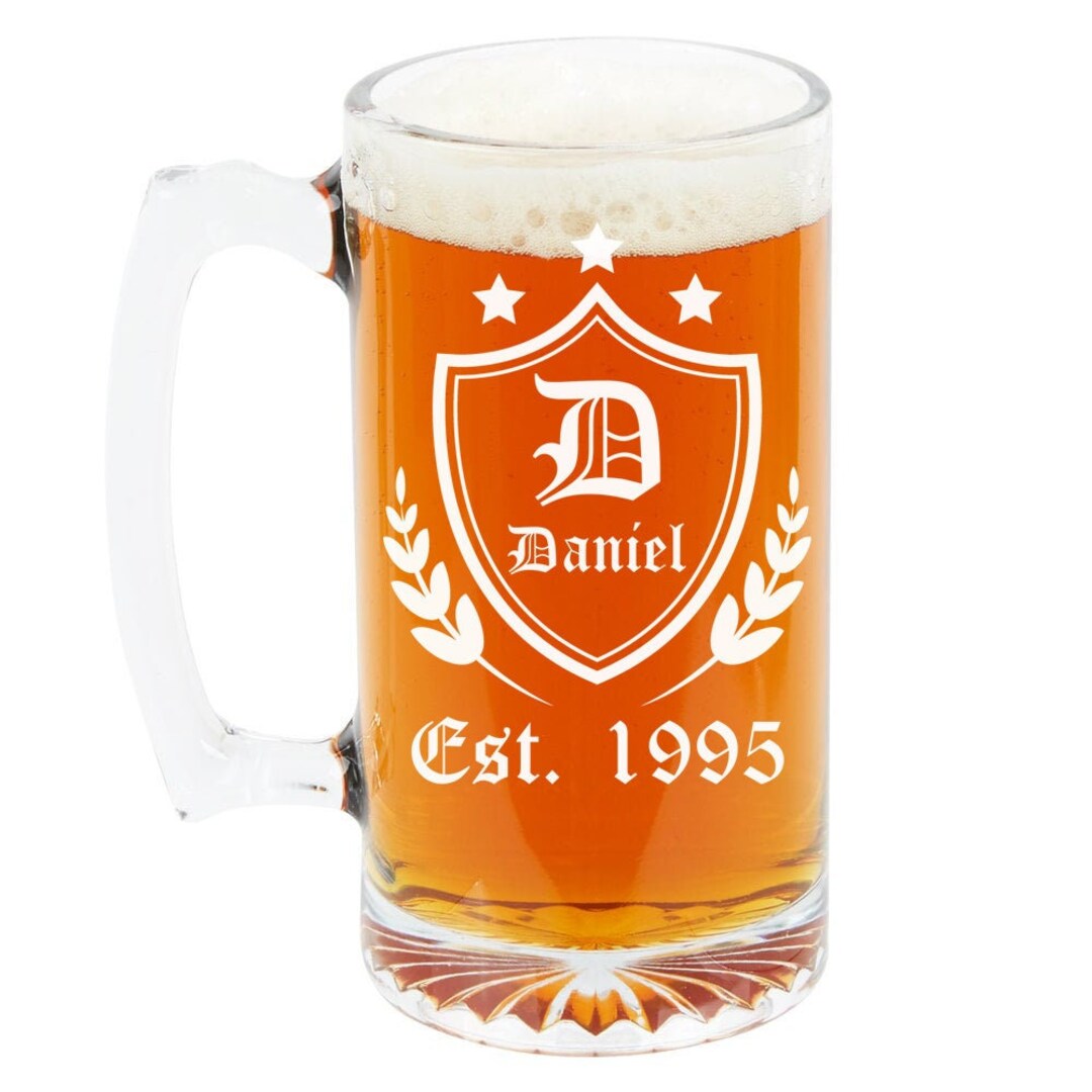 Personalized Glass Beer Mug 25oz - Shield Design | Beer Glass ...
