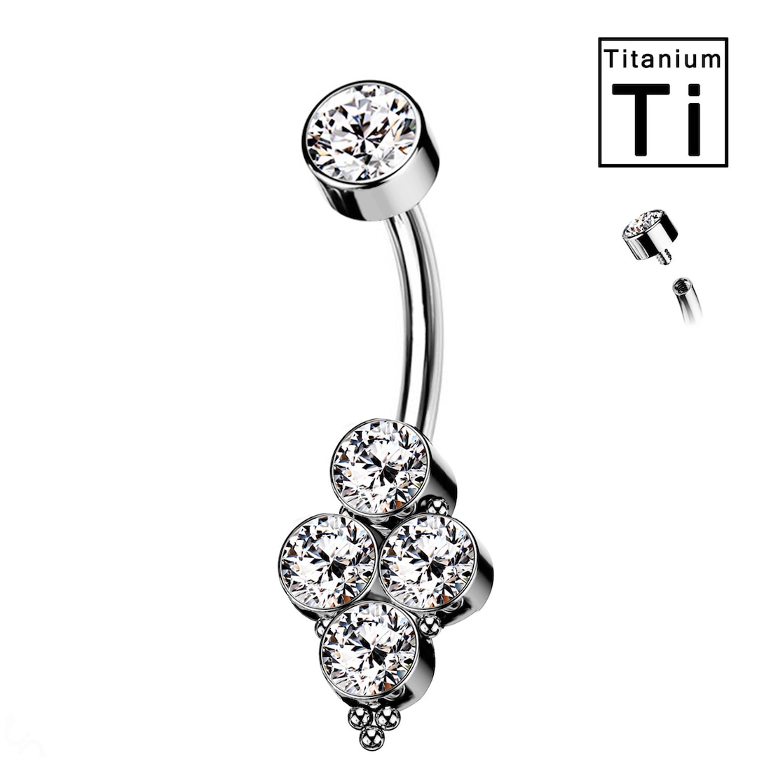 Banana Navel Piercing in Titanium With Four Crystals and Internal ...