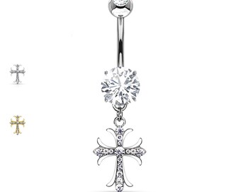 Top Down Reverse Black and Red Gem Cross Belly Button Ring Navel Body ...