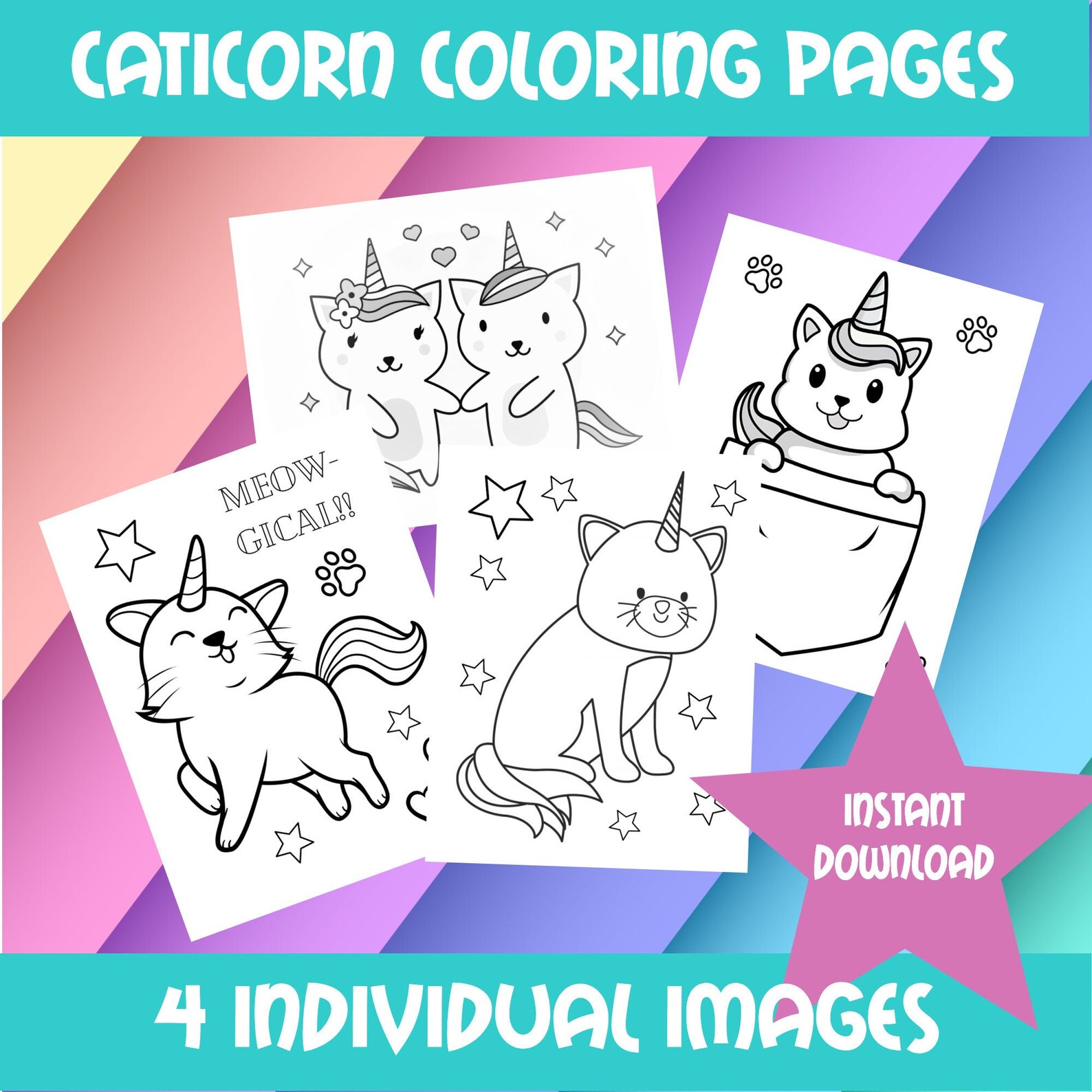 Caticorn Coloring Sheets 4 Sheets | Etsy