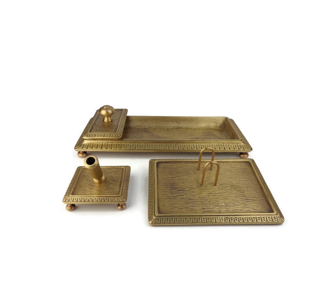 Antique Brass Desk Set, Brass Letter Holder, Brass Desk Storage Tray ...