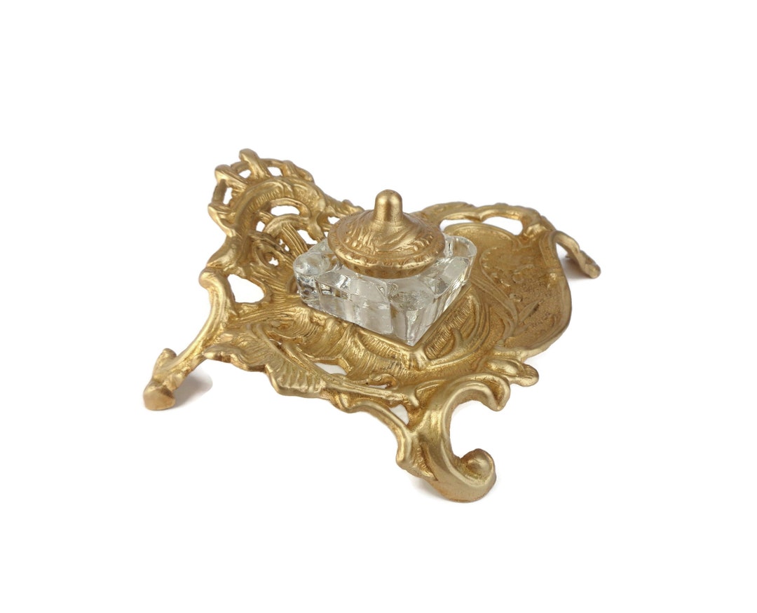 Antique Inkwell, Brass Inkwell With Glass Container, 20th Century ...