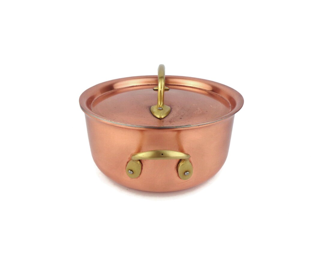 Vintage Copper Coated Cooking Pot With Brass Handles, Copper Coated ...