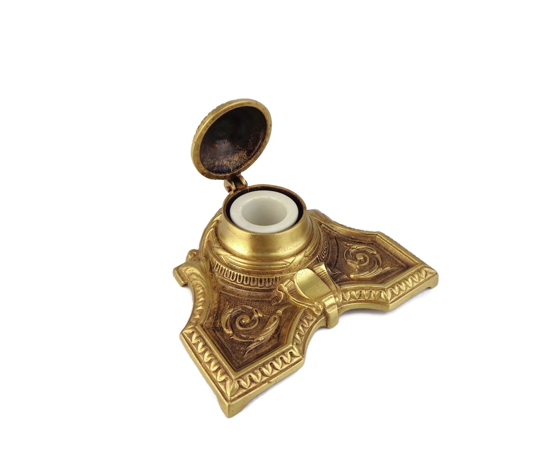Antique Brass Inkwell, French Brass Inkwell, Engraved Brass Inkwell - Etsy