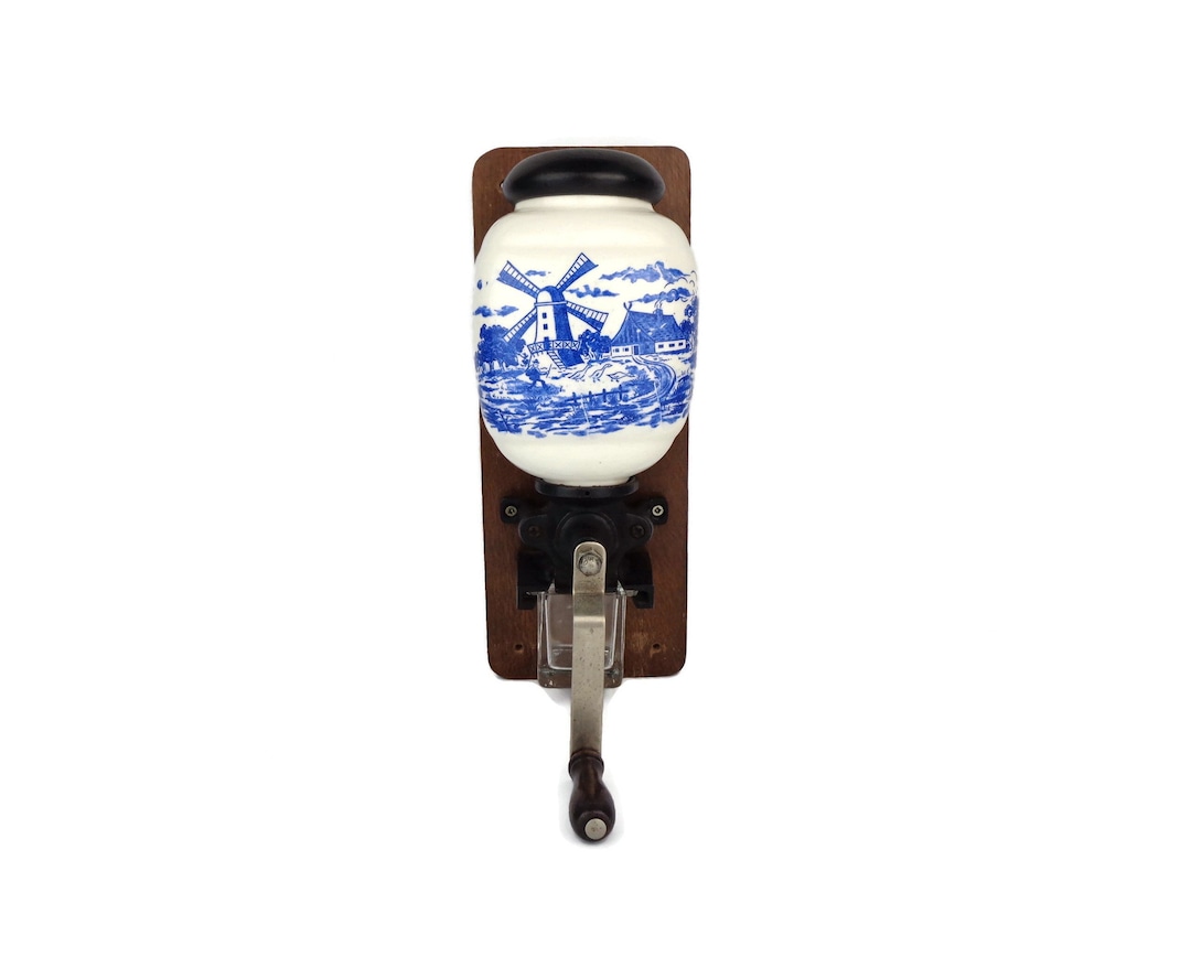 Vintage Dutch Coffee Mill With Blue Delft Ceramic Canister, Ceramic ...